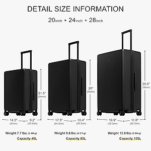 LEVEL8 Luggage Sets 3 Piece, 20 Inch 24 Inch 28 Inch Hardshell Suitcases, Lightweight Luminous Textured Large Luggage, Spinner Wheels Tsa Lock, 3-Piece Set (20/24/28), Black