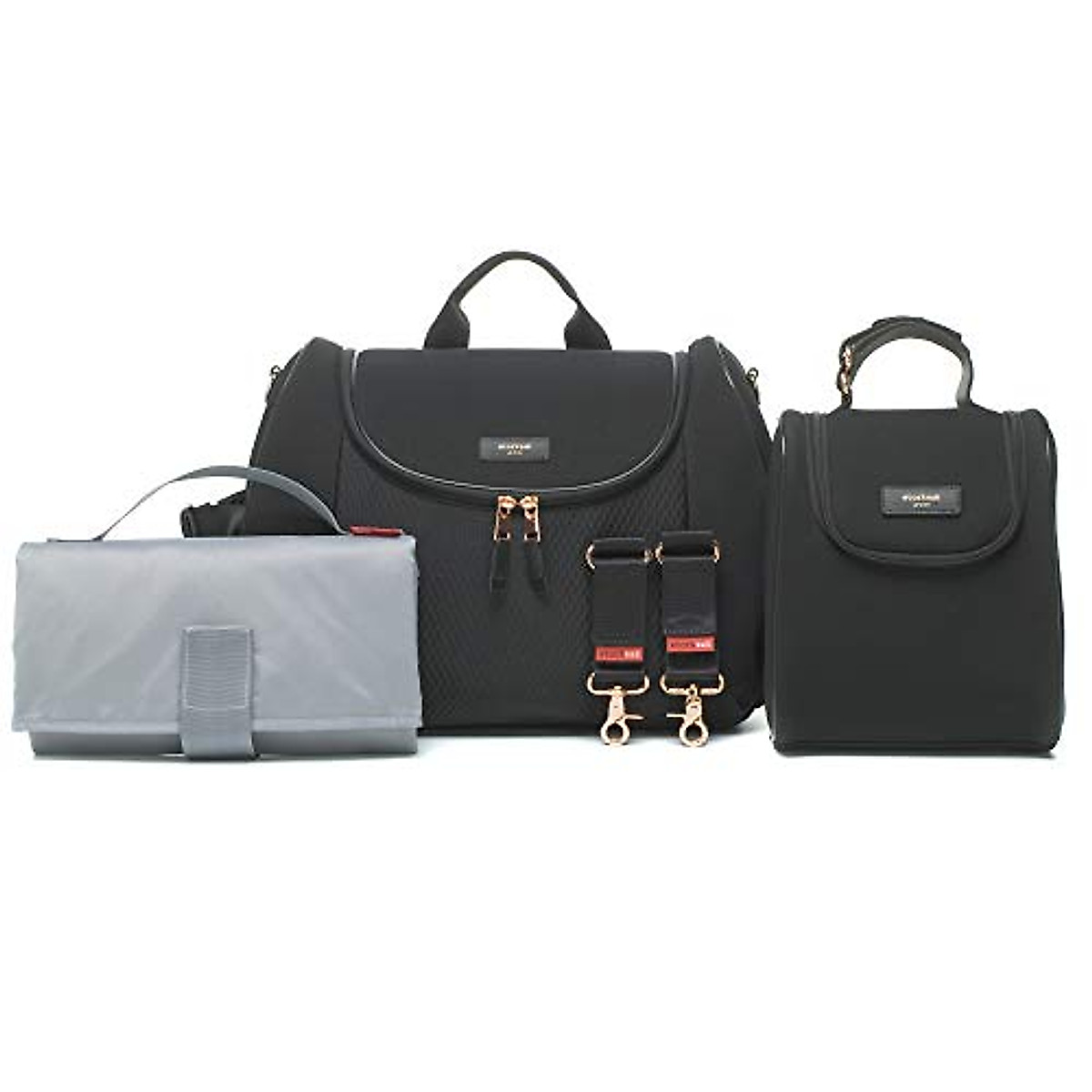 Poppy Luxe Black Scuba Shoulder and Stroller Bag with Rose Gold Hardware by Storksak | Universal Fit, Large Storage Capacity, Water Resistant Converting Diaper Backpack with Integrated Accessories