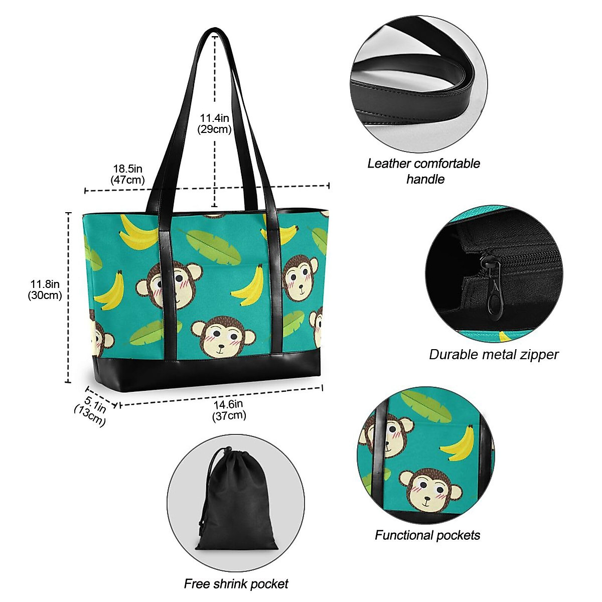Monkey Laptop Tote Bag for Women Work Travel Bag Canvas Teacher Tote Bags Handbags Purse with Zipper