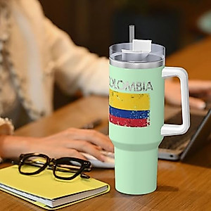 YVNUM 40 oz Tumblers with White Handle,Vintage Colombia Colombian Flag Pride Stainless Steel Thermos Travel Coffee Mug for Water, Iced Tea or Coffee,with Lid Straw Leakproof