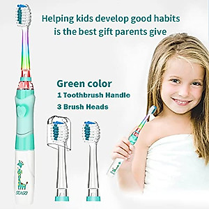 SEAGO Electric Toothbrush Children from 3-12 Years Kids Toothbrushes Electric with Colored Light Smart Timer 3 Soft Brush Heads Waterproof Baby Sonic Toothbrush for Girls Boys SG-977 (Green)