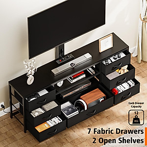 TV Stand with Mount and 7 Fabric Drawers, Led Entertainment Center with Power Outlets for 32 45 55 60 65 70 inch TVs, Black Dresser with Open Shelves Media Console Cabinet for Living Room Bedroom
