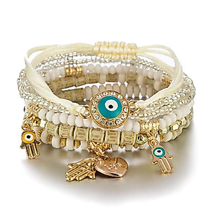 4 Sets Bohemian Stretch Beads Bracelets Multilayer Evil Eye Hamsa Hand Bracelet Boho Charms Stretch Stackable Bracelet Handmade Multicolor Crystal Beaded Lucky Protection Bangles Bracelet Set-4Sets
