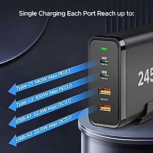 245W GaN USB C Charger, 140W 100W PD 3.1 Charger for MacBook Pro 16-inch, 4-Port Laptop/Tablet Fast Charging Adapter for MacBook Pro/Air, Dell XPS, iPad Pro/Air, iPhone 15/14/13 Series, etc.