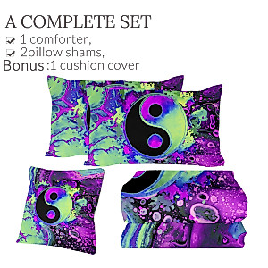 Sleepwish Colorful Yin Yang Full Size Comforter Set Purple Turquoise Bedding Set 4 Pieces Psychedelic Splash Bubbles Bed Set with 2 Pillow Cases 1 Cushion Cover