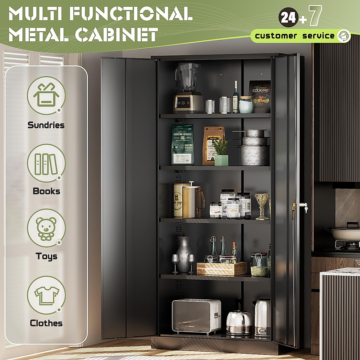 Crownland 72” Metal Storage Cabinet, Lockable Garage Storage Cabinets, High Office Storage Cabinet with Adjustable Shelves for Garage, Home Office,Pantry, File(Black-Narrow)