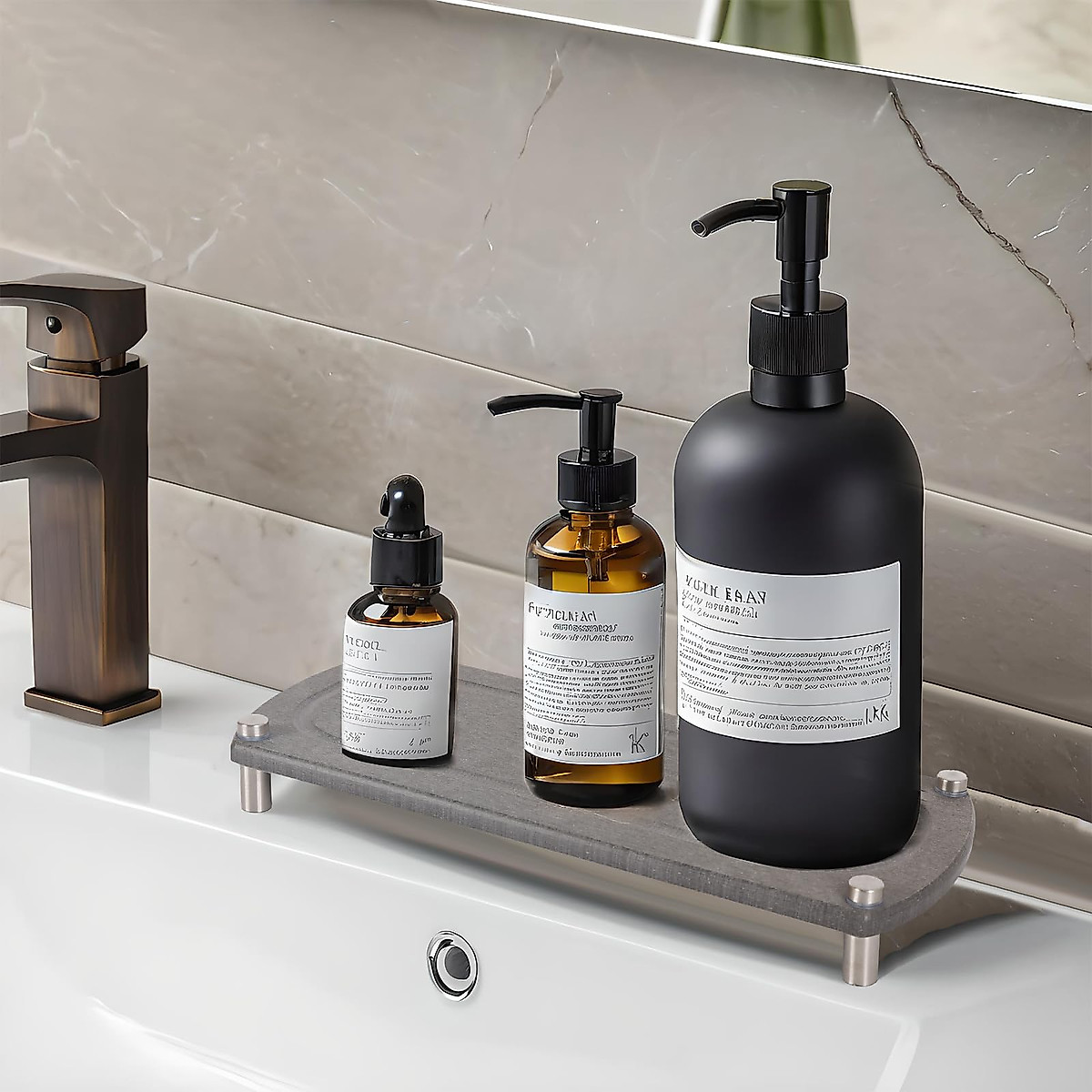 Water Absorbing Stone Tray for Sink, Stone Drying Mat for Kitchen Counter, Diatomite Tray Used for Hand Soaps & Plants & toiletries in The Modern Home, Fast Drying Sink Caddy(Grey)