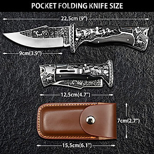 NedFoss Gifts for Men Pocket Folding Knife, 9" Engraved Unique Blade, Wood Handles Pocket Knife with Back Lock, Hunting Camping Pocket Knife for Men,Perfect Gifts Idea for Survival, Fishing, Hiking