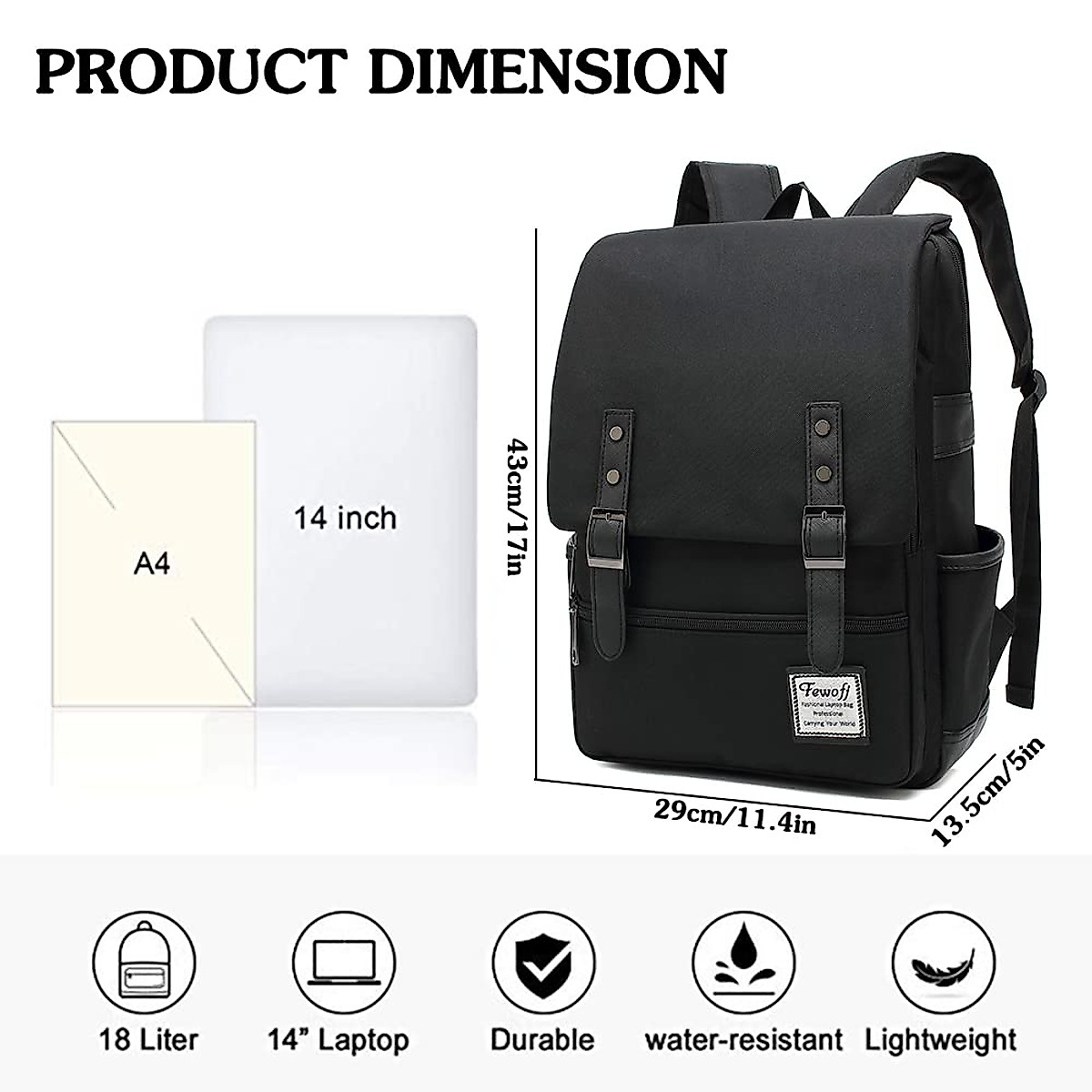 15.6 inch Laptop Backpack College School Backpacks for Women Men Work Business School Travel (Black)