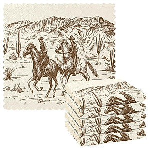 Hand Drawn Brown Retro American Wild West Desert Horse with Cowboy 6 Set Kitchen Dish Towels, Washcloths Cleaning Cloths Dish Cloths, Absorbent Towels Lint Free Bar Tea Soft Waffle Towel 11"x11"