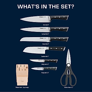 T-fal Ice Force German Stainless Steel Kitchen Knife Set and Wood Block 8 Piece, Long Lasting Sharpness, High Cutting Precision, Superior Durability, Ultra Sharp Blades, Cookware Kitchen Gadget Black