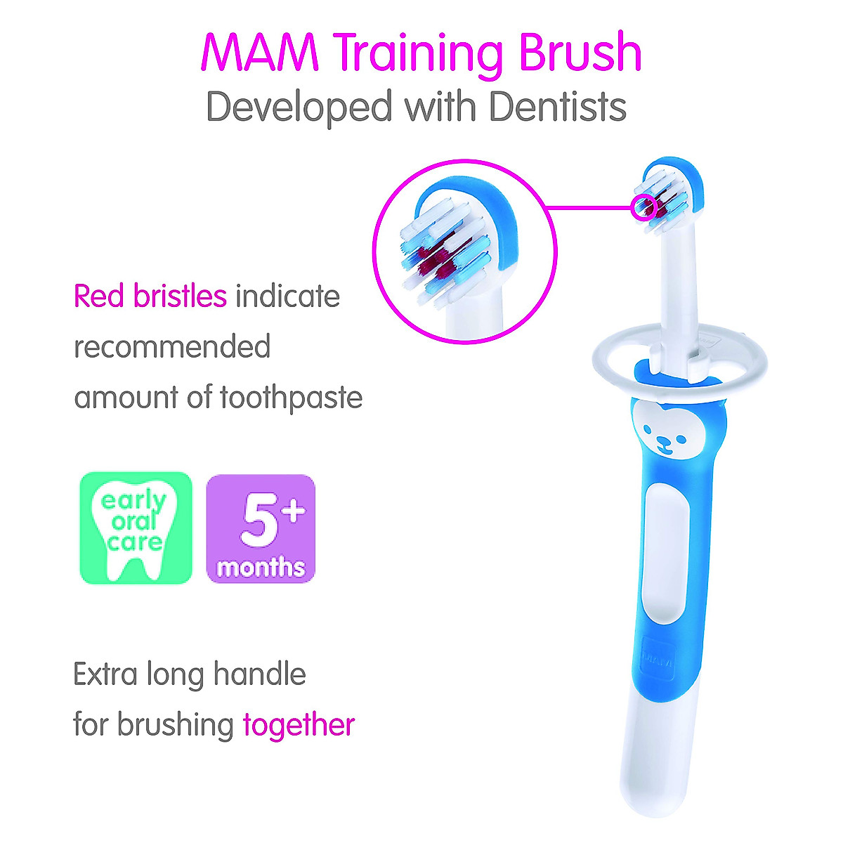 MAM Training Toothbrush for Babies (1 Baby's Brush with Safety Shield), Baby Toothbrush with Brushy The Bear Character, Interactive App, for Boys 5+ Months, Blue