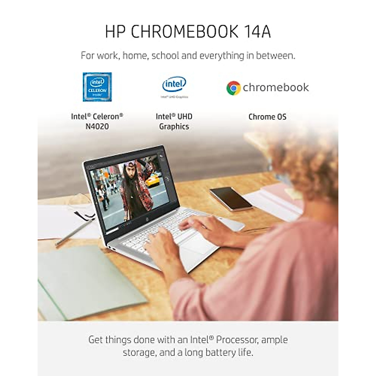 HP Chromebook 14 Laptop, Intel Celeron Processor, 4 GB RAM, 32 GB eMMC, 14” FHD (1920 x 1080) Chrome OS, Webcam & Dual Mics, Work, Entertainment, School, Long Battery Life (14a-na0170nr, 2021)