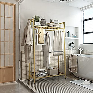 Gold Clothing Rack Modern Clothes Rack with 2- tier Shelf Clothes Display Racks for Bedroom, Boutique, Cloth Store Metal Pipe Hanging Rack-gold