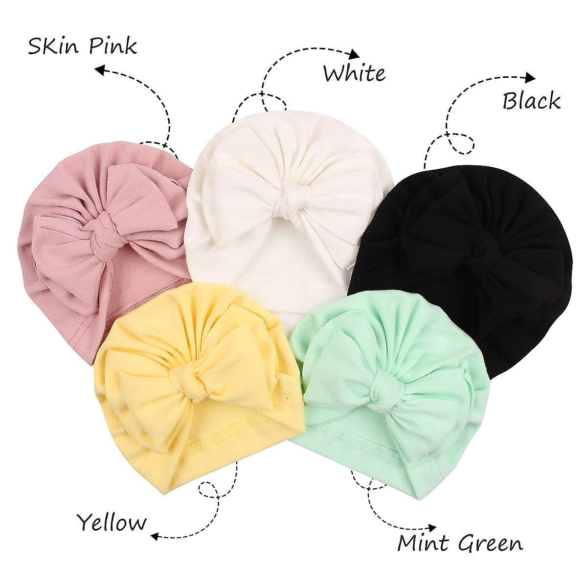Peecabe 5-Pack Cotton Baby Hat Bow Beanie Cap for Baby Girls 0-36 Months Infant Toddler Hats Spring Summer Autumn (5PCS-B)
