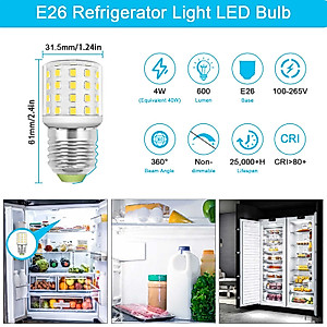 LED Refrigerator Light Bulb, 4W Replacement AC100-265V 3.5W Refrigerator Bulbs, E26 Medium Base Mini Compact Bright Fridge Freezer Bulb Appliance LED Light Bulbs, Daylight White 5000K, 2 Pack.
