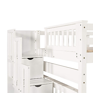 FANYHOME Full Over Full Bunk Bed with 6 Storage Drawers, Wooden Full Bunk Beds with Stairway and Shelves, Detachable Bunk Bed for Kids, Teens, Adults Boys & Girls (New, White)