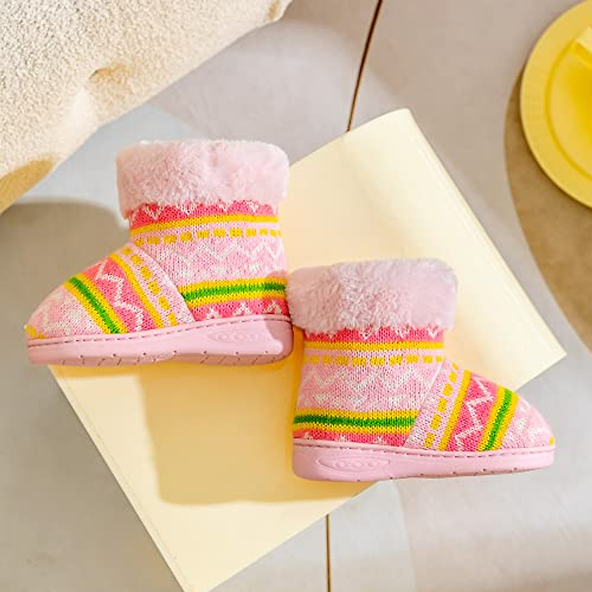 Anddyam Kids Fuzzy Warm Soft Boot Slipper Non-Slip House Shoes Outdoor Indoor Winter Knitted Cozy Warm Girls Boys Slipper 12-13 pink