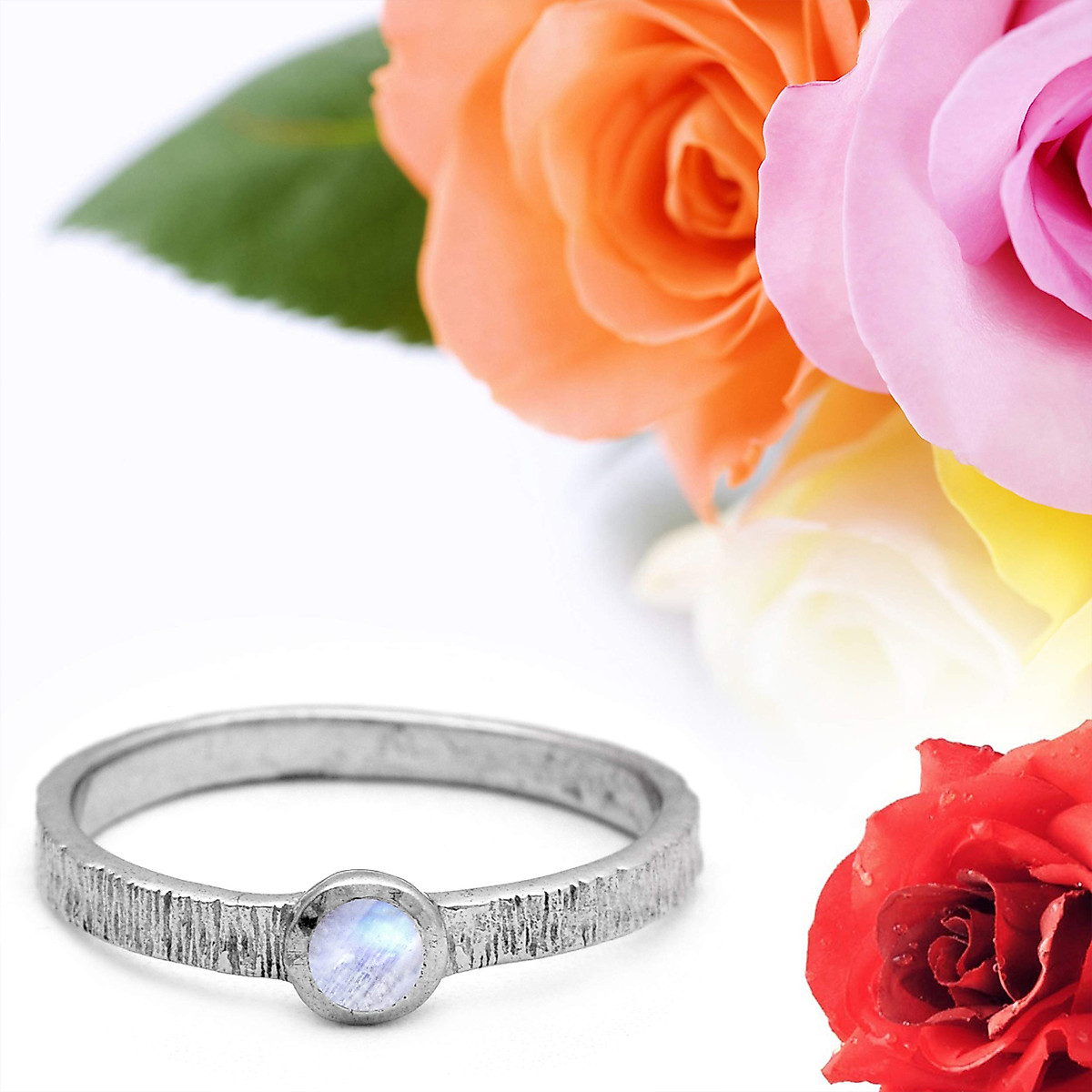 Shine Jewel Mini Rainbow Moonstone 925 Sterling Silver Stackable Women Engagement Ring (8.5)