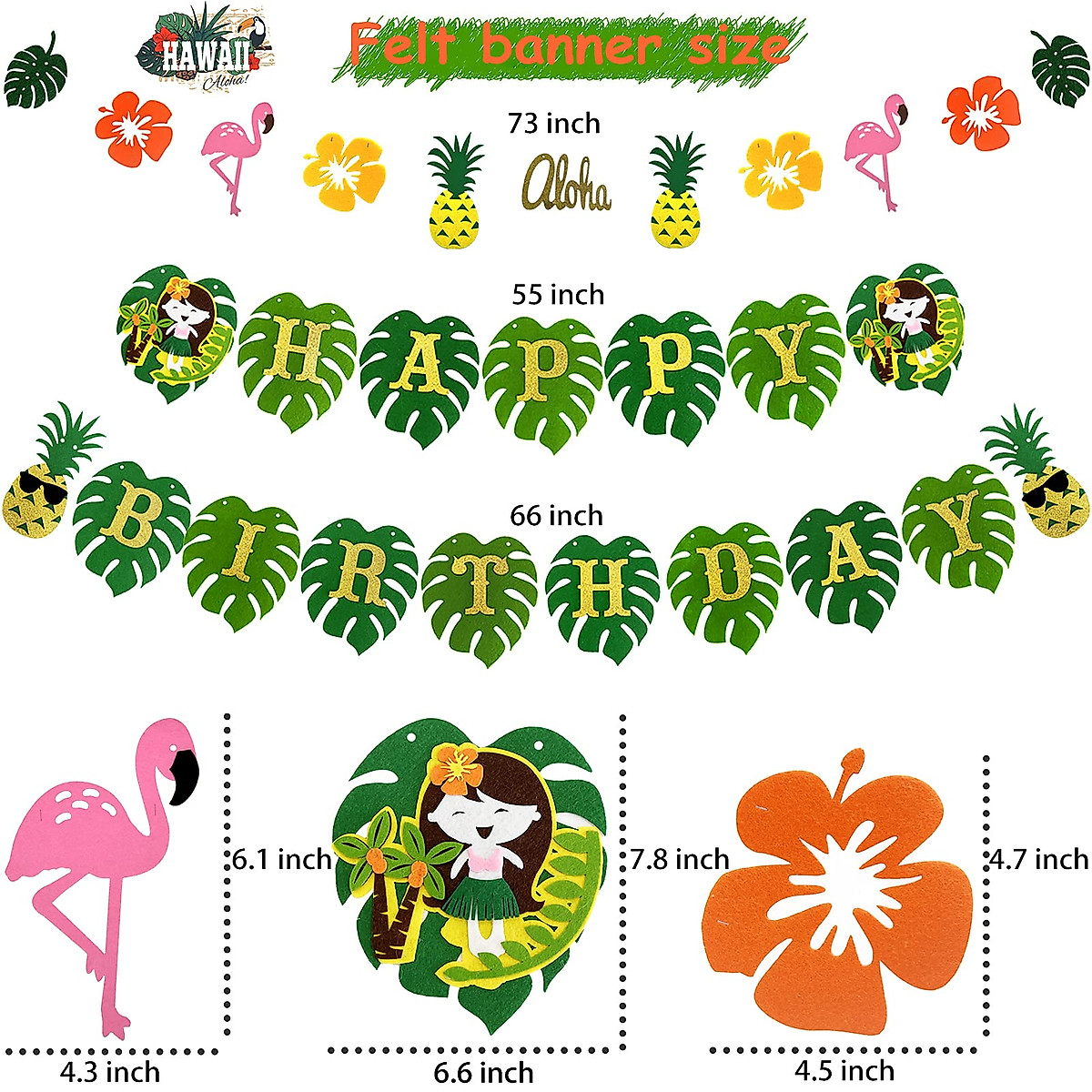 TREWAVE Tropical Luau Party Decoration Pack Hawaiian Beach Party Supplies Birthday Party Decor Including Felt Birthday Banner, Foil Coconut Tree, Balloons, Leaves, Cake Toppers, Pineapple Décors
