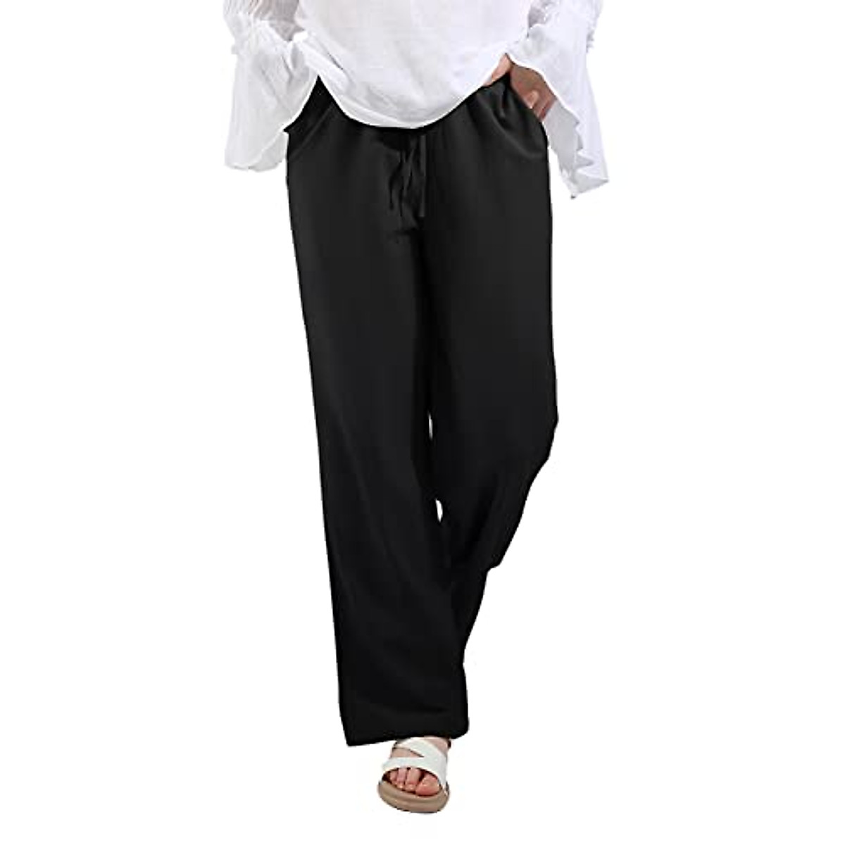 utcoco Women's Cotton Linen Drawstring High Waisted Pants Casual Loose Fit Wide Leg Trousers (L, Black)