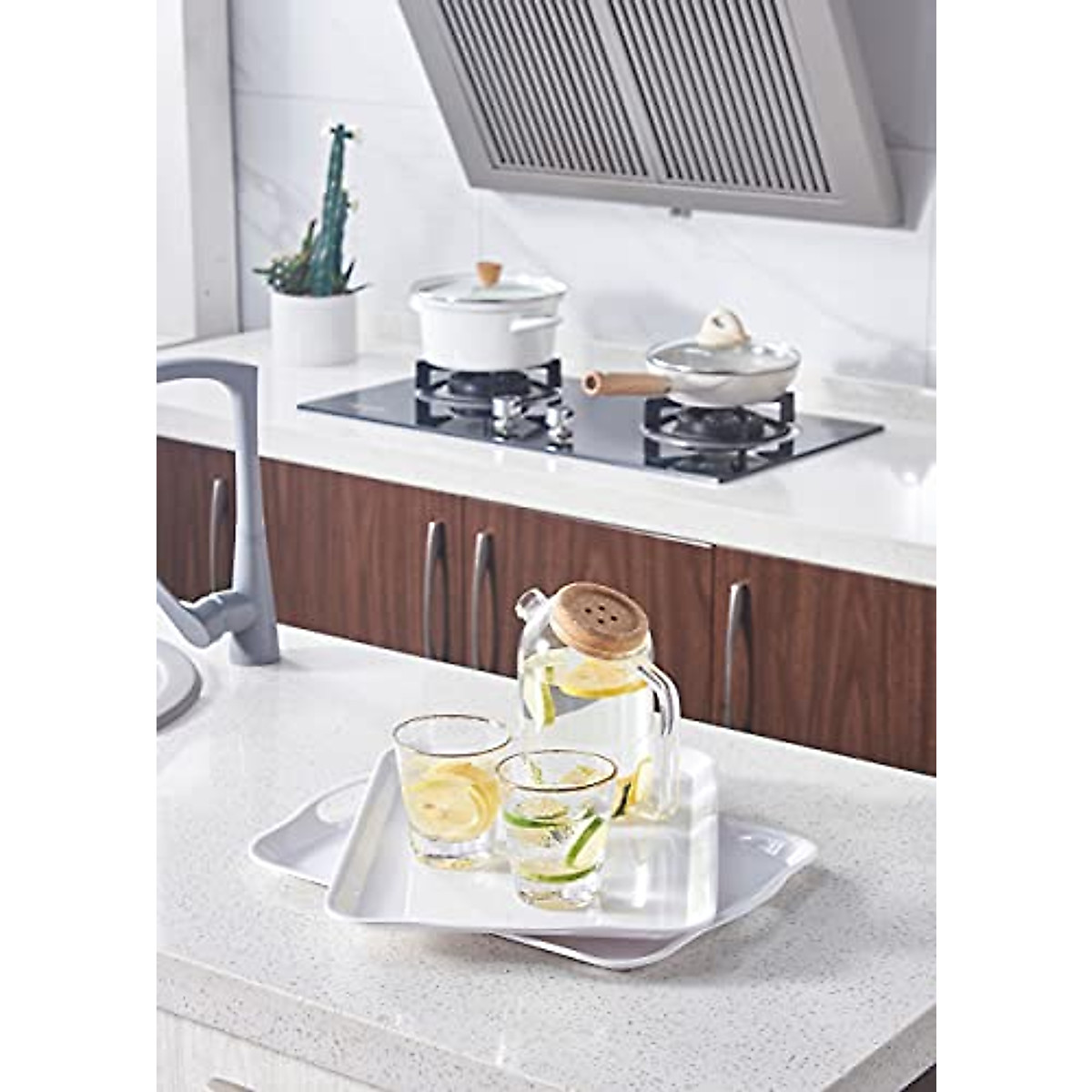 Blue Boat 16.5" x 11.5" Rectangular Serving Trays Set of 2 White,Light Weight Easy to Clean Sturdy Stackable Melamine Serving Tray with Handle, Fruit, Snacks, and Desserts Trays