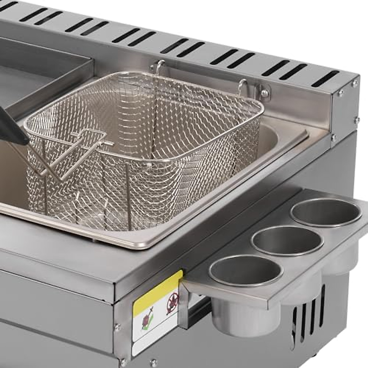 CRYBY Gas Griddle, 6L/1.59Gal Stainless Steel Griddle & Deep Fryer Combo Gas Deep Fryer Gas Grill Griddle with Oil Draining Basket, Lid & 3 Spice Boxes, Commercial Griddle with Fryer for RV, Camping
