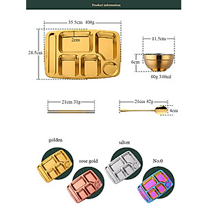 QOBIMOON 18/8 Stainless Steel Divided Plate, Food Trays 4 Section Dinner Plate with Bowl, Chosticks and Spoon, Camping Dishes, Adult Lunch and Dinner-Rainbow Color