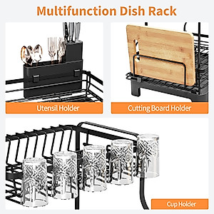 Urackify Extendable Dish Drying Rack, 2-Tier Dish Rack for Kitchen Counter, Large Expandable Dish Drainer Over Sink, 3 in 1 Multifunction Dish Strainer with Drainboard & Cups Holder, Black