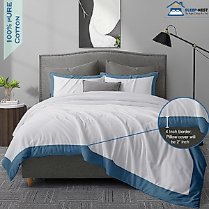 SLEEP-NEST Dual Tone Duvet Cover Set Cal-King 105"x93" Long Staple 100% Egyptian Cotton - 3 Piece Shading Design 600TC Covers with Zipper Closure, Two Color Duvet Cover Soft, (White + Medium Blue)