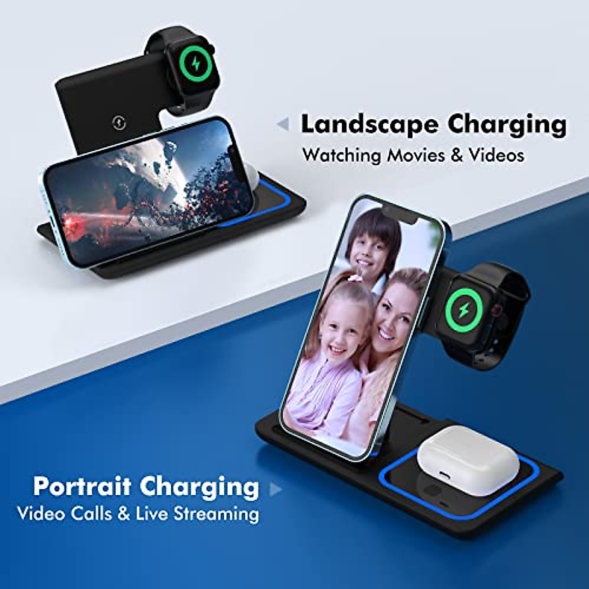 UUTO Wireless Charger, 3 in 1 Foldable Qi Wireless Charging Station for iPhone 14/13/13 Pro/13 Pro Max/Mini/12 11 Series/X/XS/XR/XS Max/8/8 Plus/SE 2, AirPods 3/2/Pro, iWatch Series 8/7/6/SE/5/4/3/2