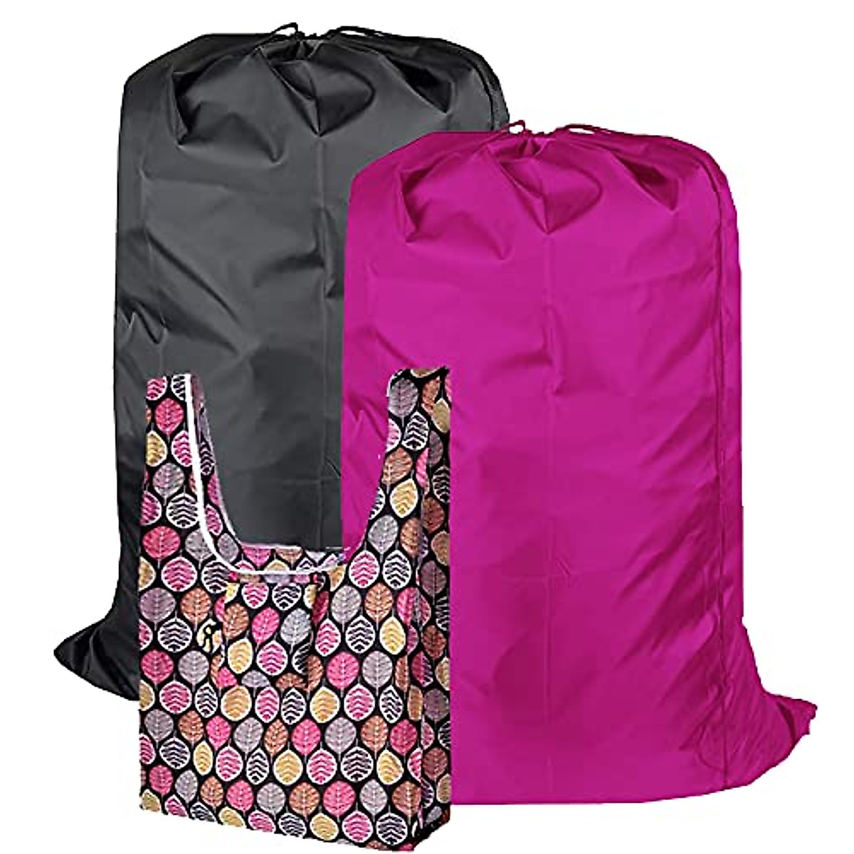 Laundry Bag with Strap, Machine Washable Large Dirty Clothes Organizer, Clothes Storage Easy Fit a Laundry Hamper or Basket, Can Carry Up to 4 Loads of Laundry, Bonus Reusable Tote (Black - Hot Pink)