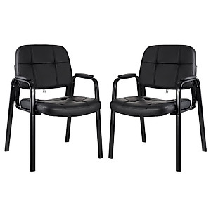 CLATINA Waiting Room Guest Chair with Bonded Leather Padded Arm Rest for Office Reception and Conference Desk Black with Sled Base