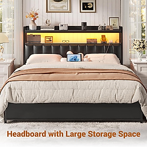 Aheaplus Headboard for Full Size Bed Frame, Upholstered Headboards with Outlets, USB Ports and LED Light, Leather Head Board with Storage, Height Adjustable, Comfortable Headboard, Full Size, Black
