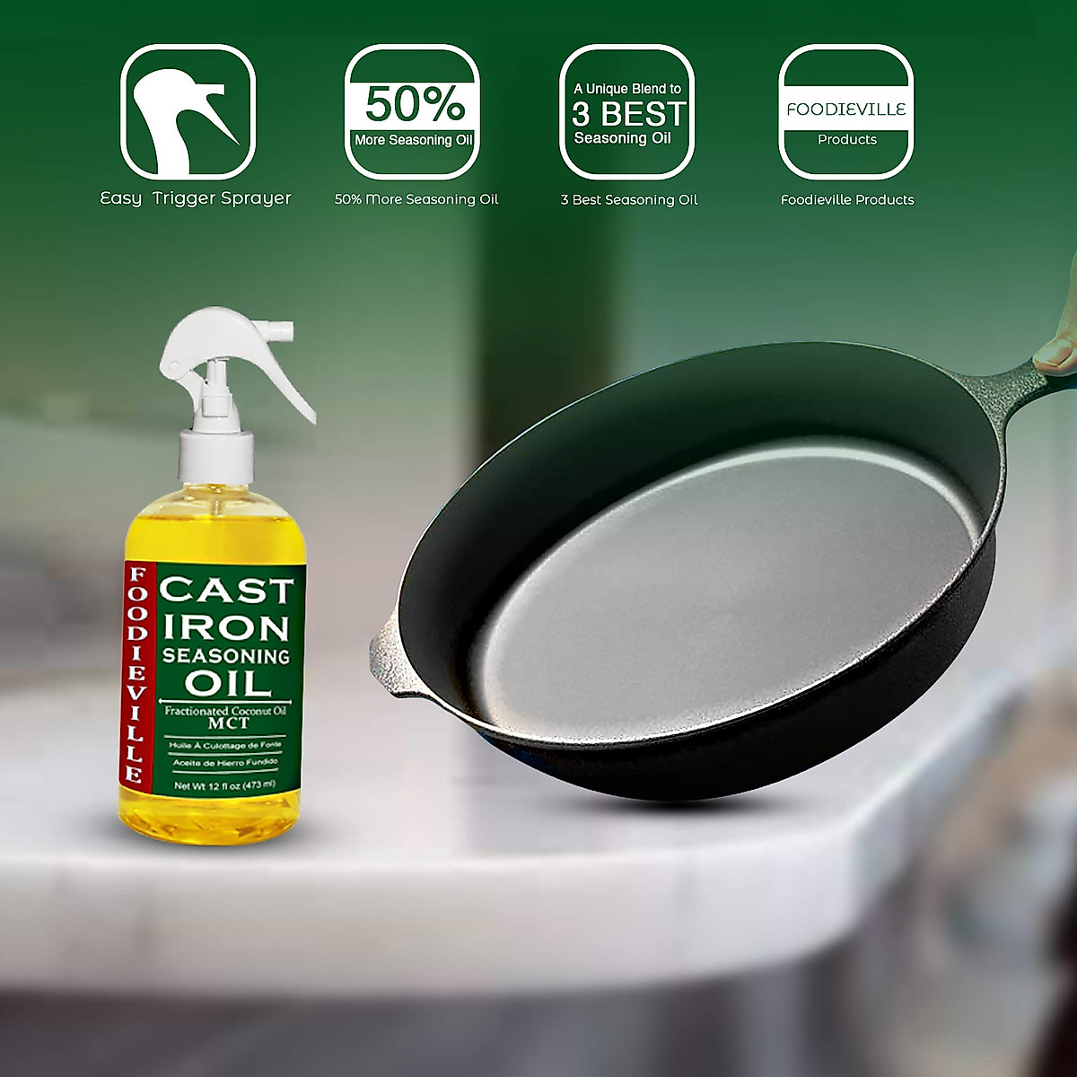 Cast Iron Oil Non-stick Conditioner for Seasoning Skillets,Griddles, BBQ Grill, Flat Top Grills, Dutch Ovens with Oils of Flax, Sesame, and MCT, 12 fl. oz. Foodieville by Creation Farm