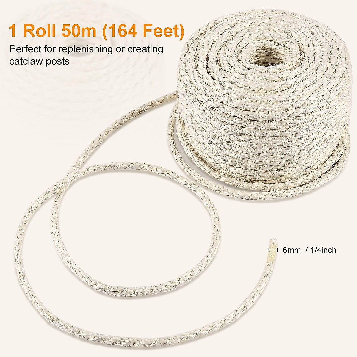 SIsal Rope for Cat Scratcher 1/4" 164 Foot White Natural Sisal Rope for Repairing Cat Scratching Post
