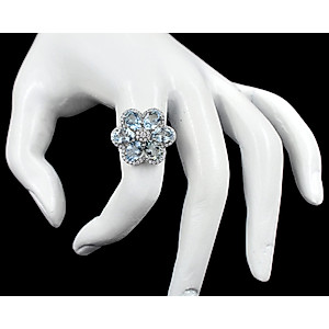 March Birthstone Natural 7X5 MM Oval Cut Aquamarine & Small White Topaz Gemstone 925 Sterling Silver Cluster Ring Wedding Jewelry Women Ring Gift For Her (Rhodium Plated Silver, 7)