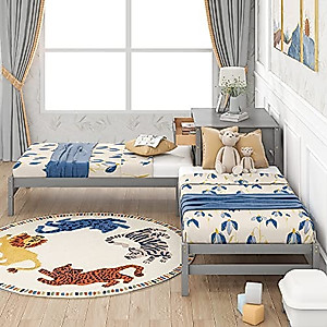 P PURLOVE L-Shaped Twin Platform Bed Corner Bed for Kids Teens 2 Wood Bed Frame with Built-in Rectangle Table with Drawer for Living Room Bedroom,Gray