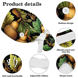Thanksgiving Acorn Working Cap with Button Sweatband Adjustable Tie Back Bouffant Hats with Scrunchie