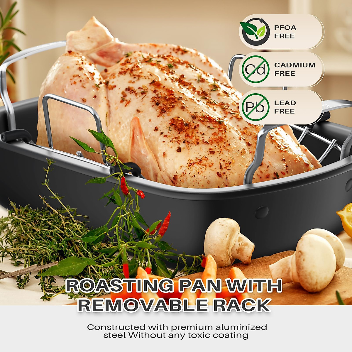 Nonstick Turkey Roasting Pan with Rack, 17 x 13 Inch Turkey Pan, large roaster pan for Meat & Vegetable, (Silver)