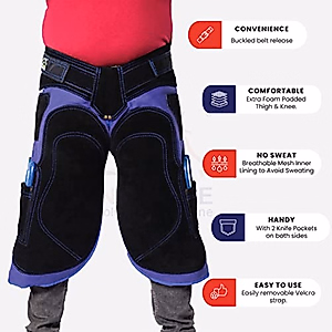 Equine Care Farrier Apron Chap Back Support - Cowhide Suede Leather, 4 Knife Pocket, 2 Nail Magnets, Adjustable Velcro Buckle - 25 inches/65cm