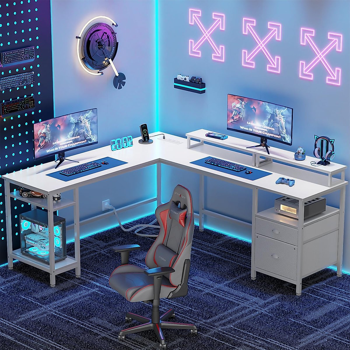 Furologee White 66” L Shaped Desk with Power Outlet, Reversible Computer Desk with File Drawer & 2 Monitor Stands, Home Office Desk with Storage Shelves, Corner Desk for Gaming Writing