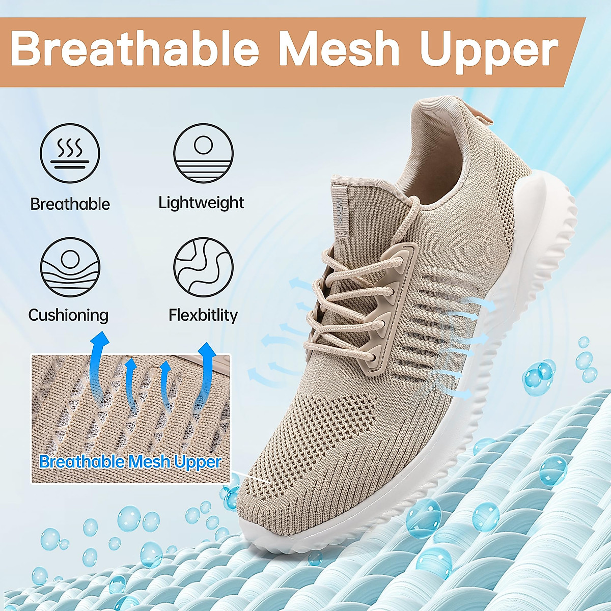 Pulltop Comfortable Women's Running Sneakers Non Slip Walking Shoes with Arch Support Slip Resistant Casual Gym Athletic Shoes Comfy Tennis Sport Shoes for Women Beige