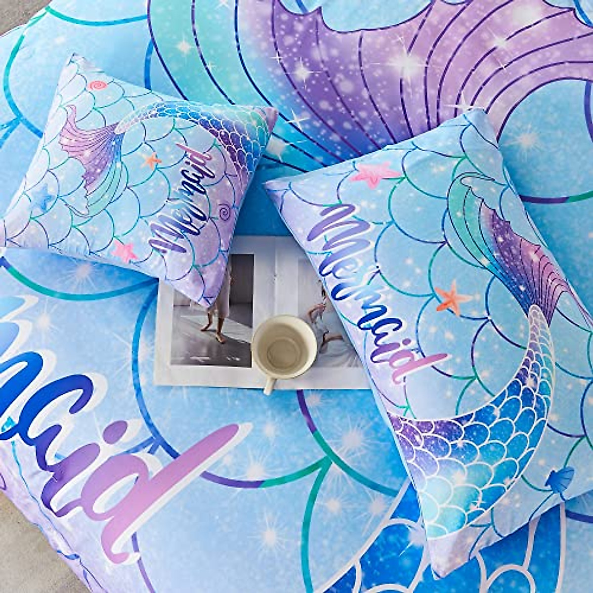 RYNGHIPY 6Pcs Mermaid Tail Comforter Set for Kids Girls, Mermaid Fish Scale Bed in a Bag Twin Size, Sparkle Teal Purple Rainbow Bedroom Decor Bedding Set