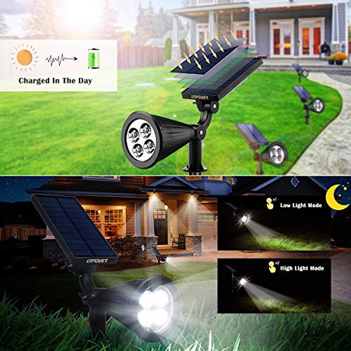 URPOWER Solar Lights Outdoor, 2-in-1 Waterproof Adjustable Solar Spotlights Outdoor Wall Light, Dusk-to-Dawn Solar Powered Landscape Lights for Backyard/Garden/Pathway/Pool/Porch (4Pack, Cool White)