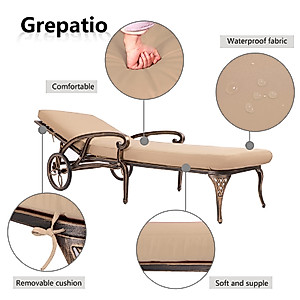 Grepatio Lounge Chairs for Outdoor, Patio Lounge Chaise Cast Aluminum Chairs with Cushion, Chaise Lounge Chair with Adjustable Backrest and Moveable Wheels for Pool Beach (Bronze Khaki Cushion*2)
