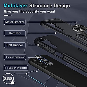 For Samsung Galaxy A14 5G Case with Screen Protector+Camera Lens Protector,Heavy Duty Shockproof Full Body Protective Phone Cover,Built in Rotatable Magnetic Ring Holder Kickstand,2023 Black Matte
