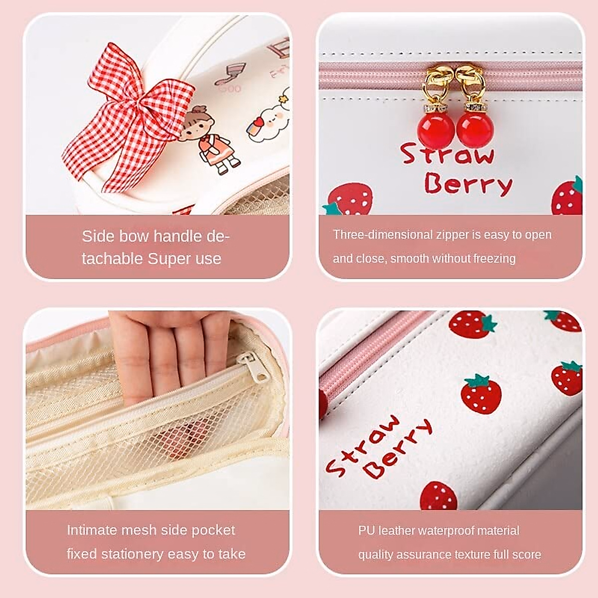 Cute Strawberry Printed Large Capacity Pencil Case Japanese Corduroy Pen Holder Kawaii Stationery Pouch Makeup Cosmetics Bag for Back to Scool Students (Heart)