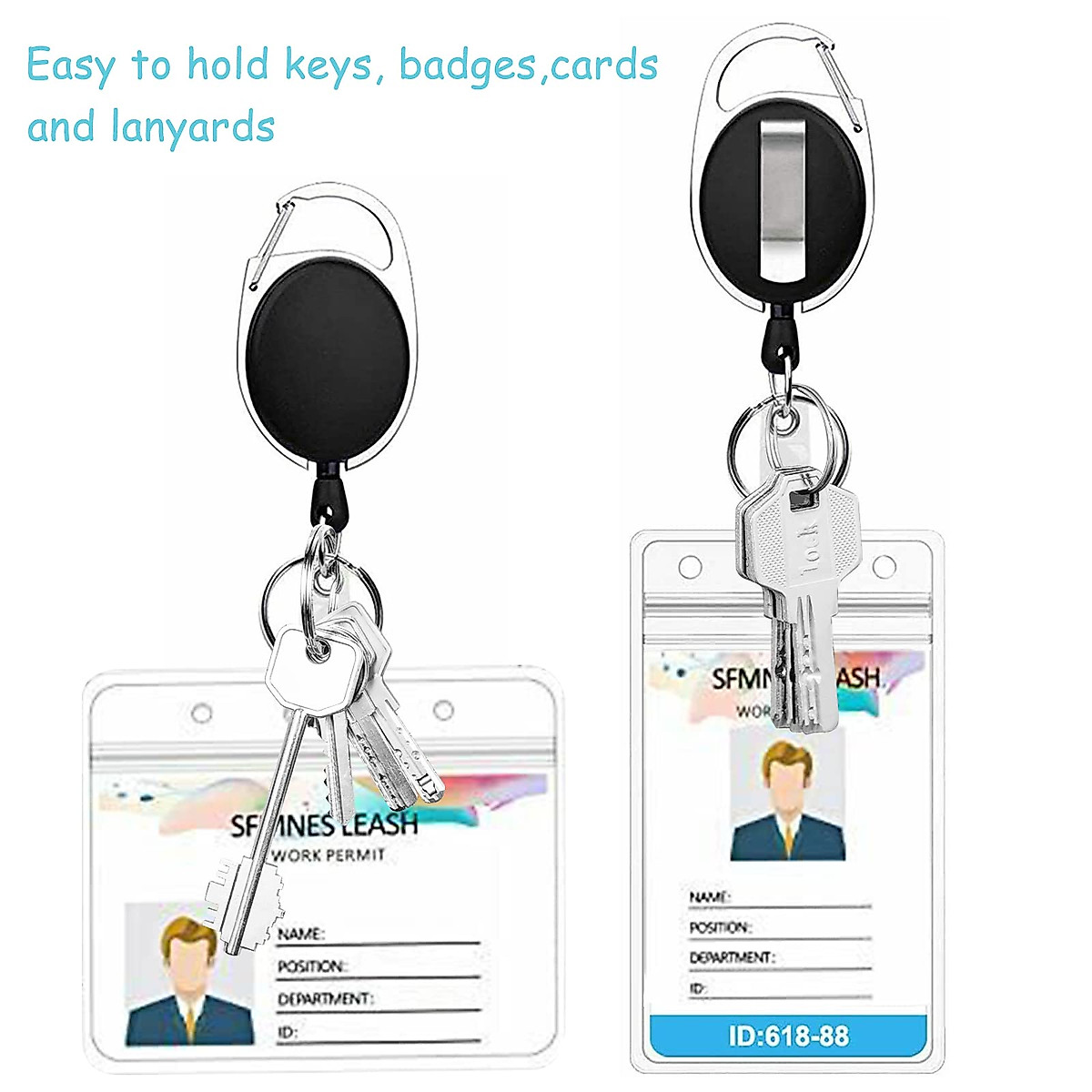 20 Pack Retractable Badge Holder with Carabiner Reel Clip, Bulk ID Card Key Holder with Ring, Heavy Duty Black Key Chain Extender for Office Work Employee