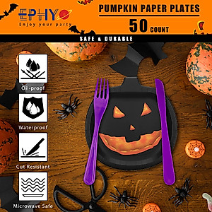 EPHYO 50Count Halloween Paper Plates 10.24 x 10in Disposable Party Supplies Black Pumpkin Dessert Dinner Birthday Party Decorations Cake Appetizer Cute Dinnerware Tableware for Kids